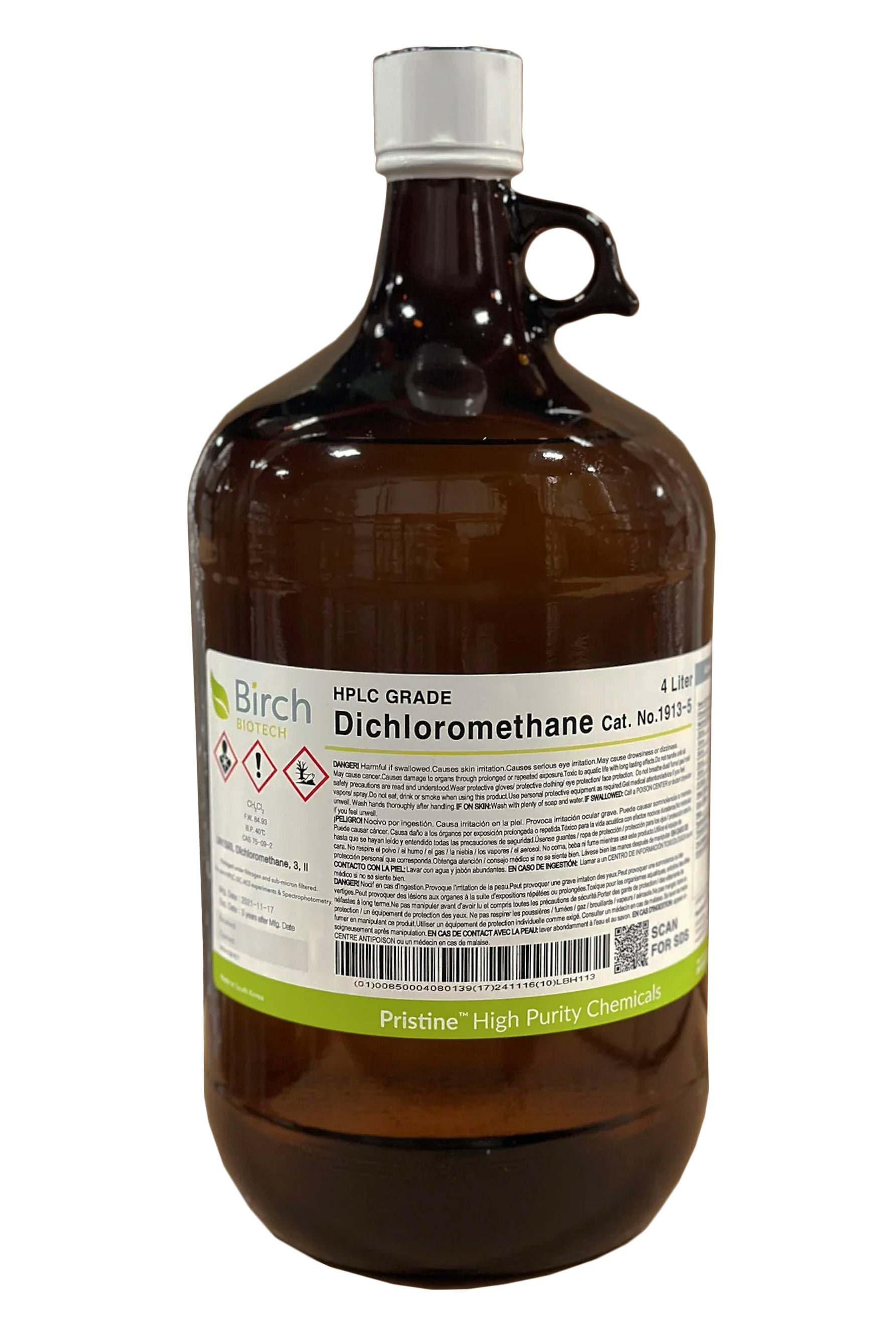PRISTINE® Dichloromethane, HPLC Grade, 4 x 4 Liter Bottles/Case – Birch Biotech