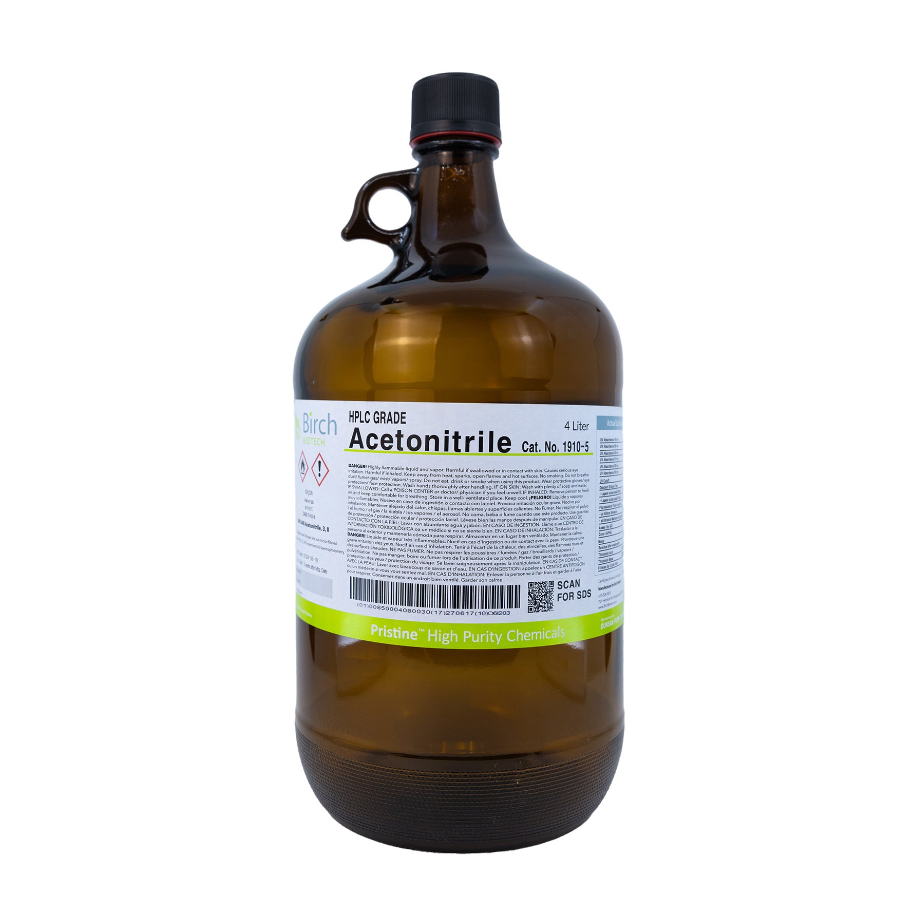 PRISTINE® Acetonitrile, HPLC Grade, 4 x 4 Liter Bottles/Case – Birch ...