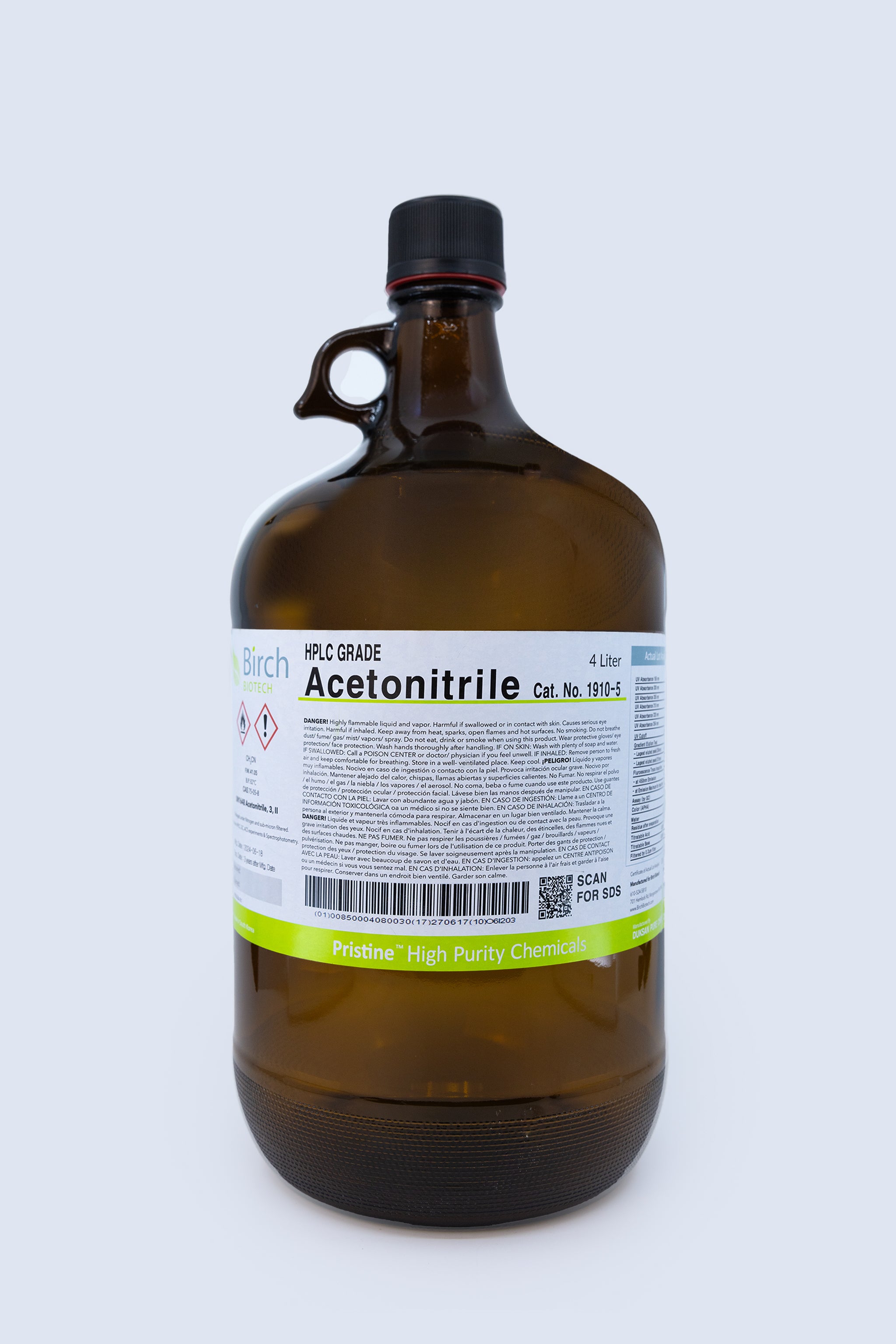 PRISTINE® Acetonitrile, HPLC Grade, 4 x 4 Liter Bottles/Case – Birch ...