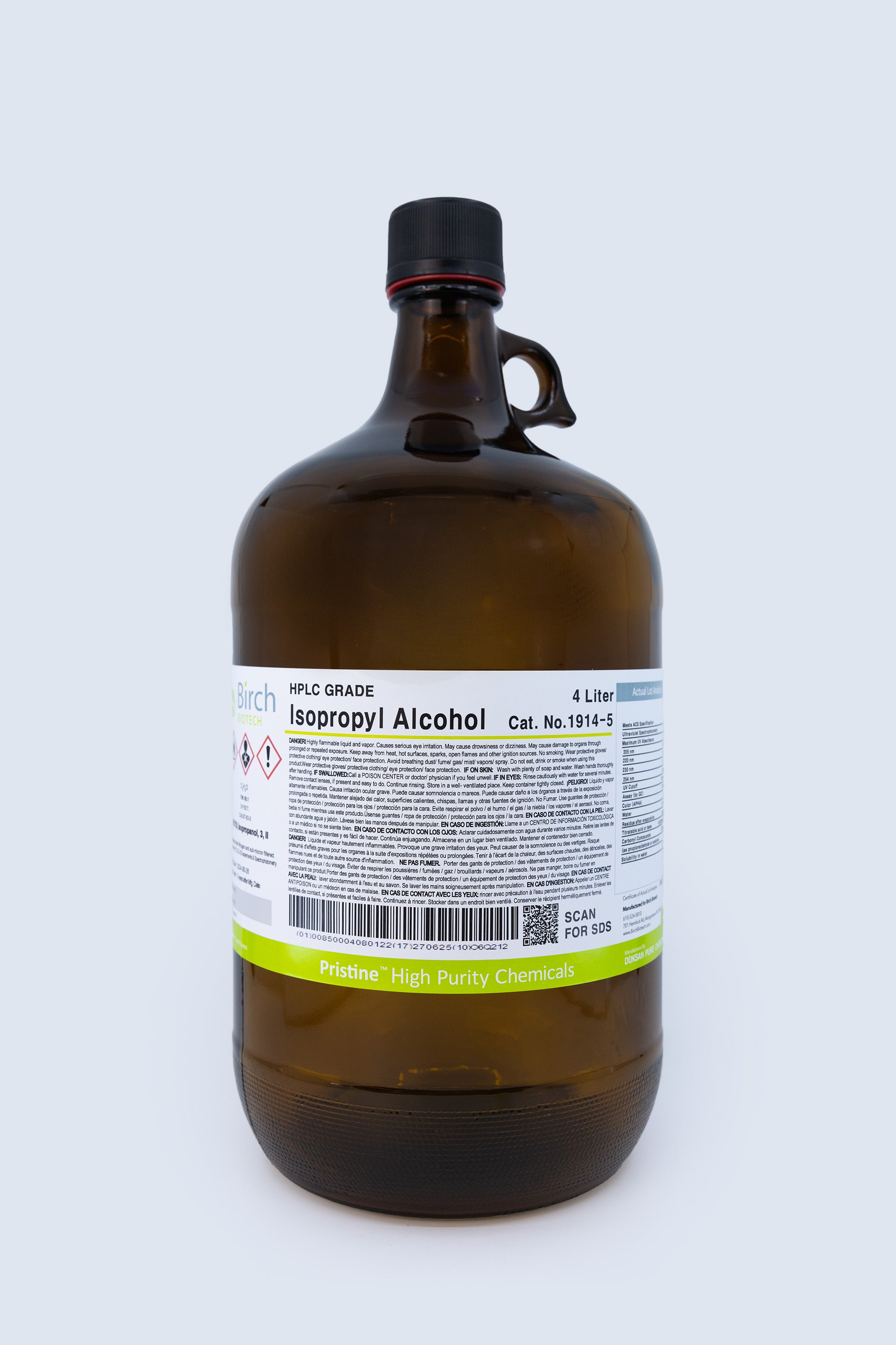 PRISTINE® Isopropyl Alcohol, HPLC Grade, 4 x 4 Liter Bottles/Case ...