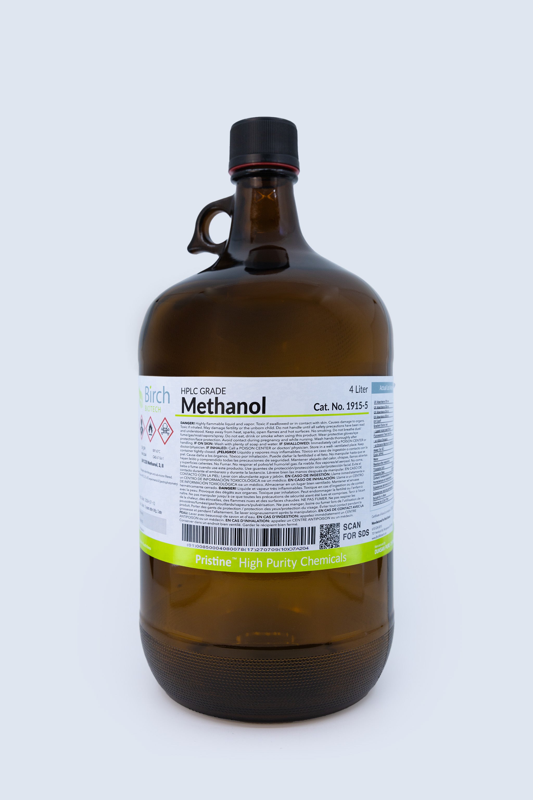 PRISTINE® Methanol, HPLC Grade, 4 x 4 Liter Bottles/Case – Birch Biotech