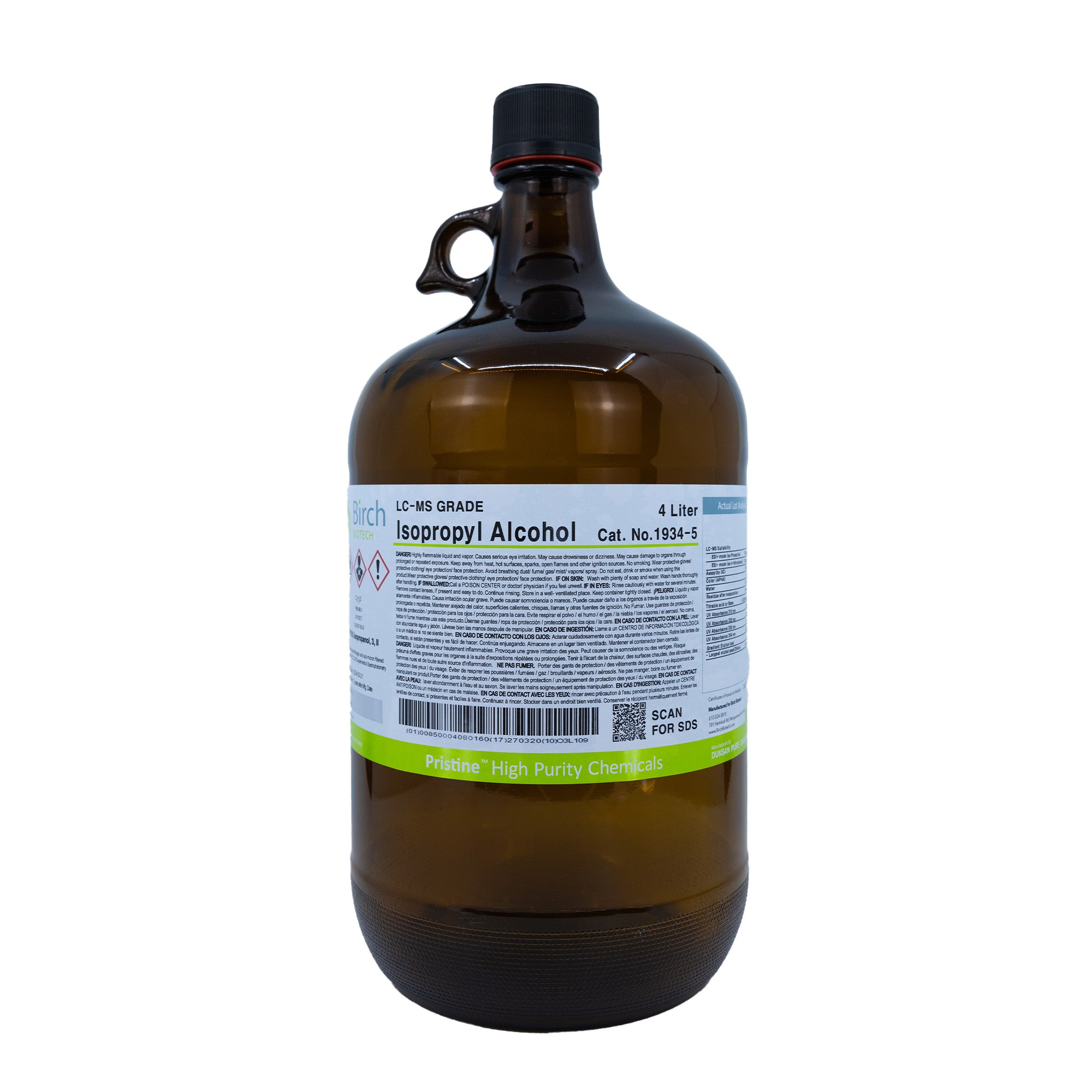 PRISTINE® Isopropyl Alcohol (1934-5), LC-MS Grade, 4 x 4 Liter Bottles ...