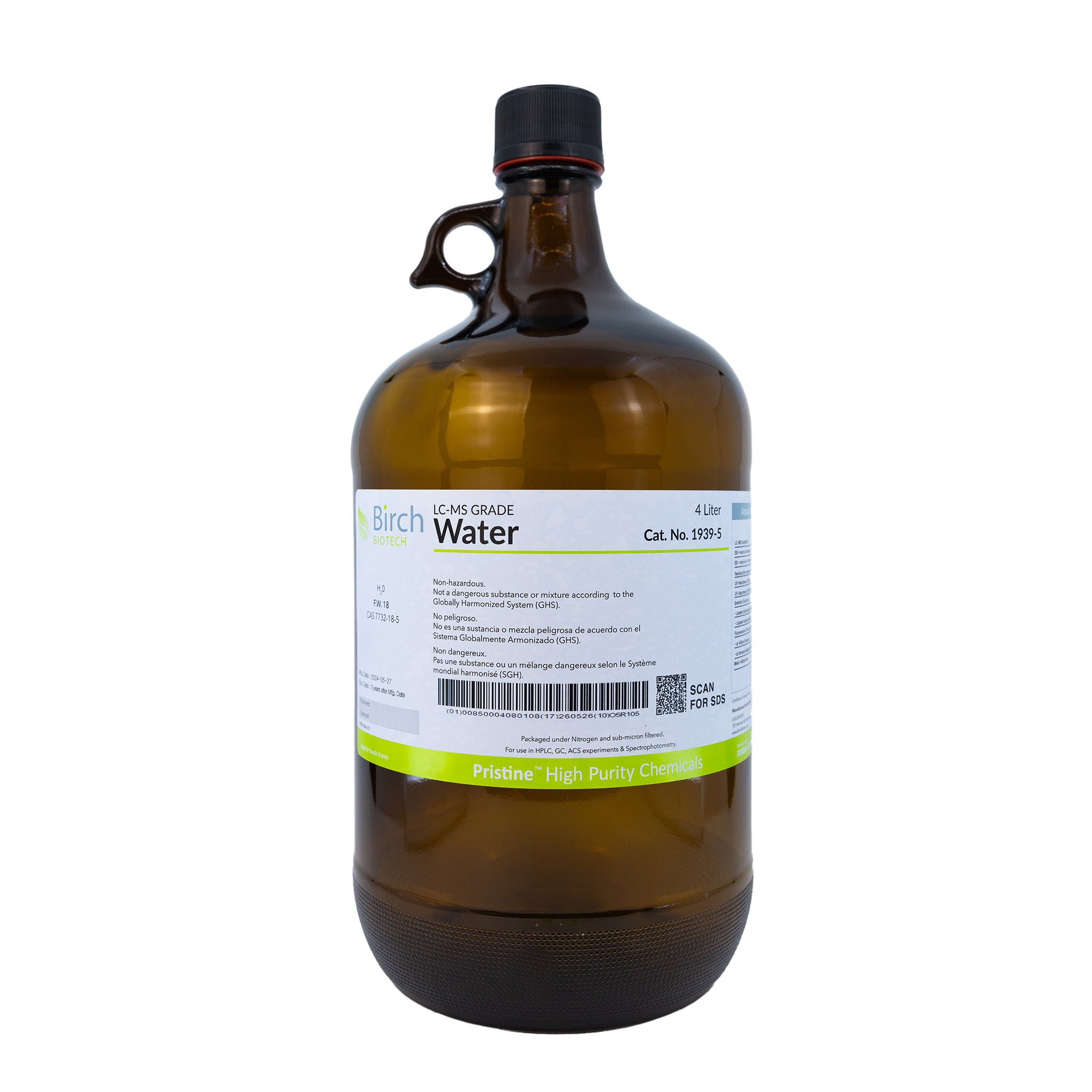 PRISTINE® Water (1939-5), LC-MS Grade, 4 x 4 Liter Bottles/Case – Birch ...